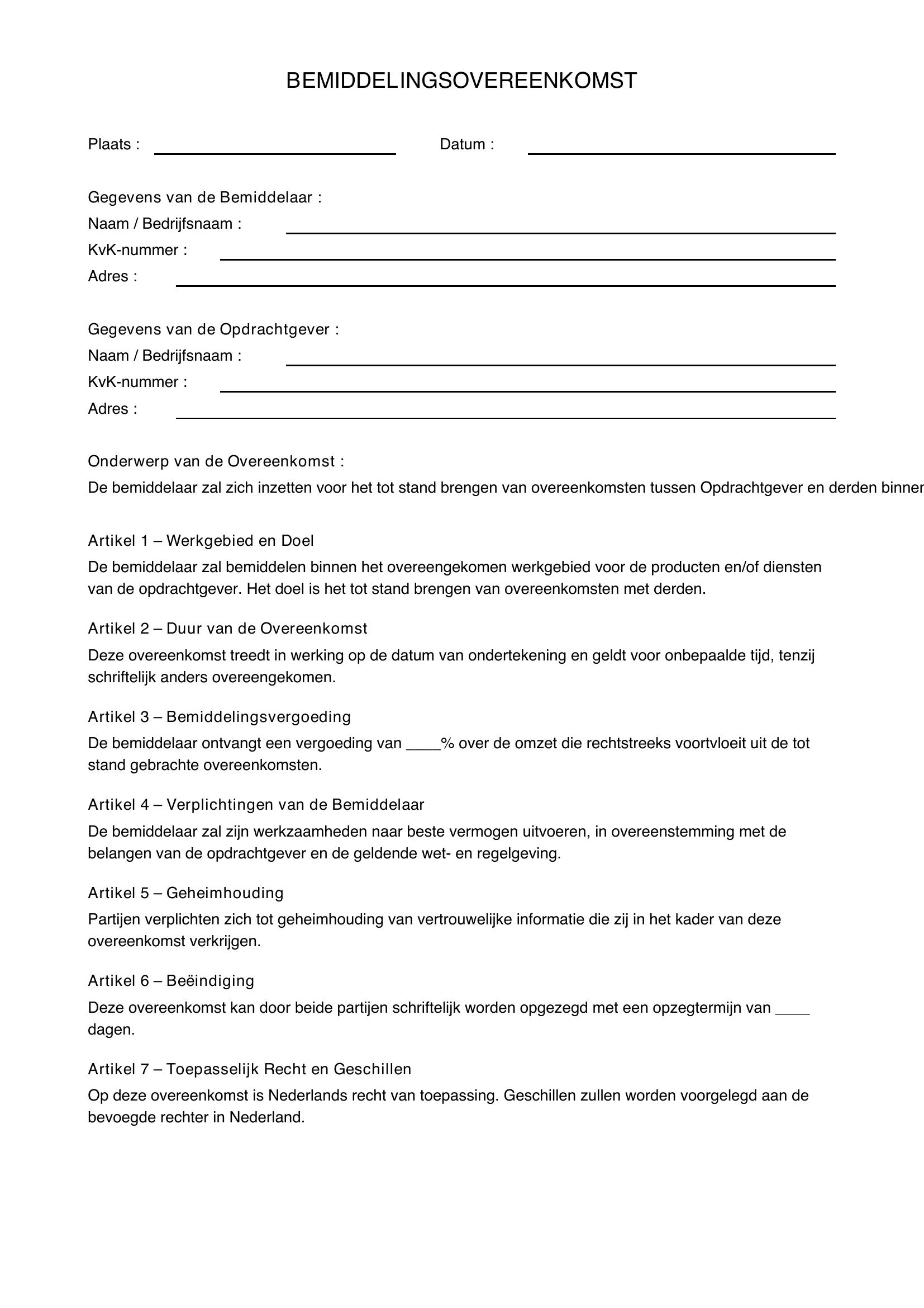 Bemiddelingsovereenkomst Voorbeeld