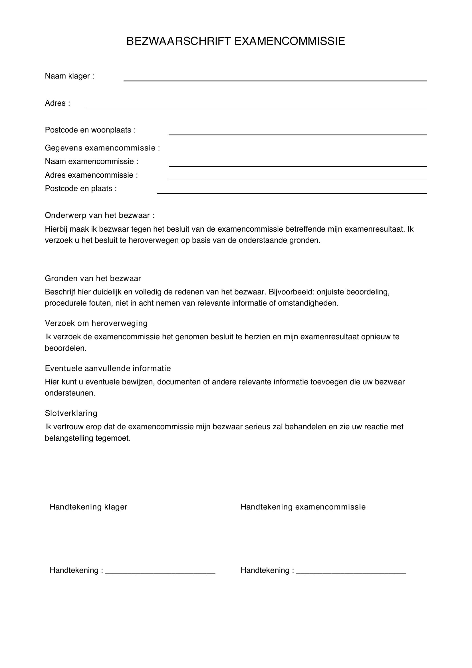 Bezwaar Examencommissie Voorbeeld