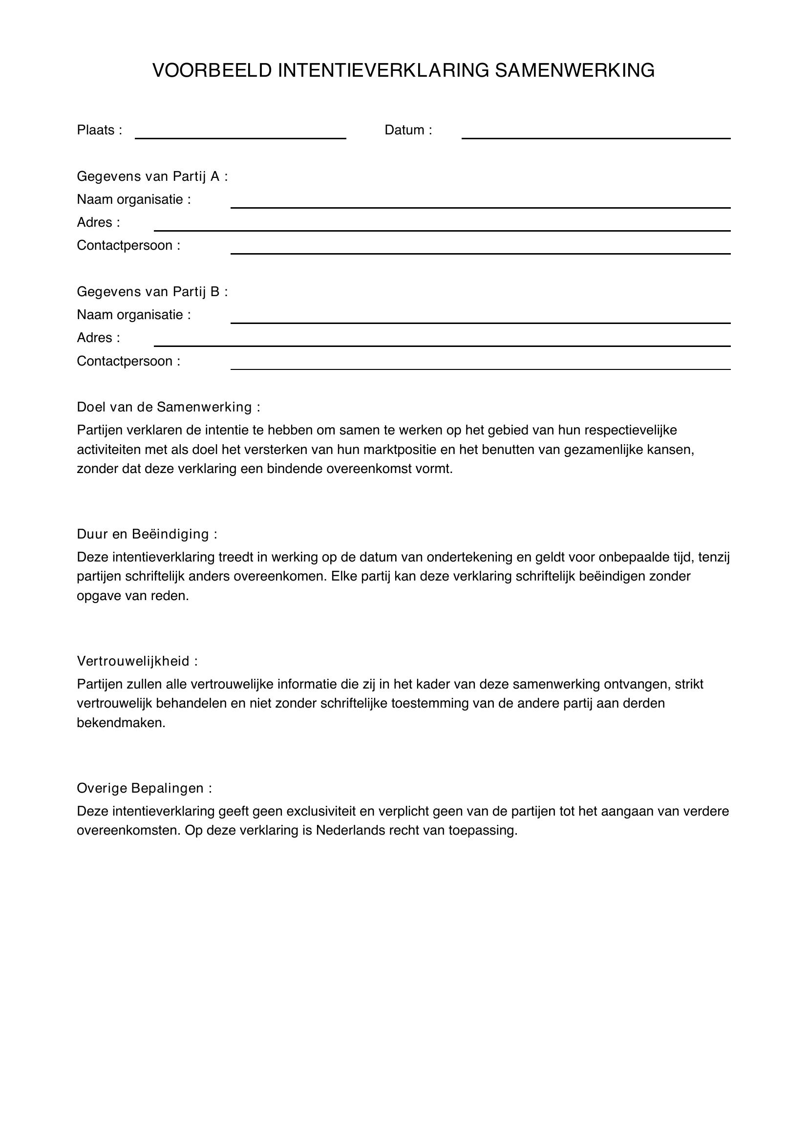 Voorbeeld Intentieverklaring Samenwerking